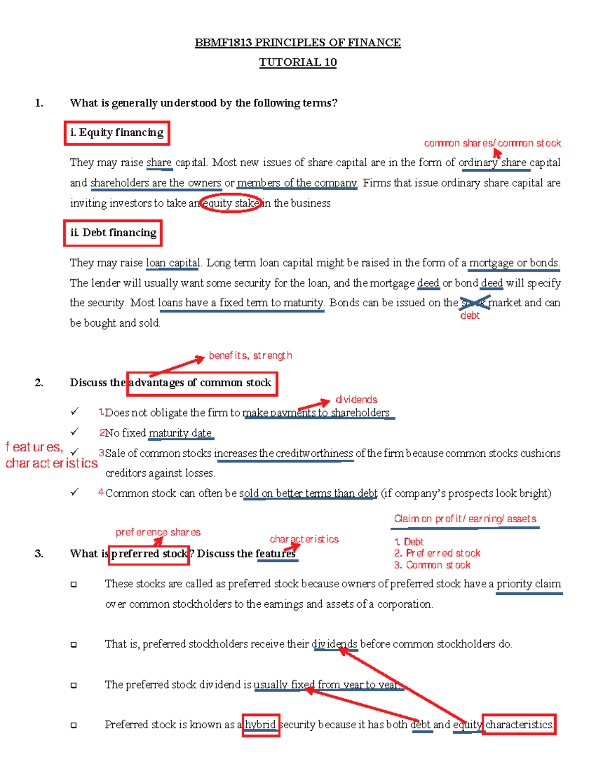 BBMF1813 Tutorial Answers Chapter 10 Long term Finance - BBMF1813 ...