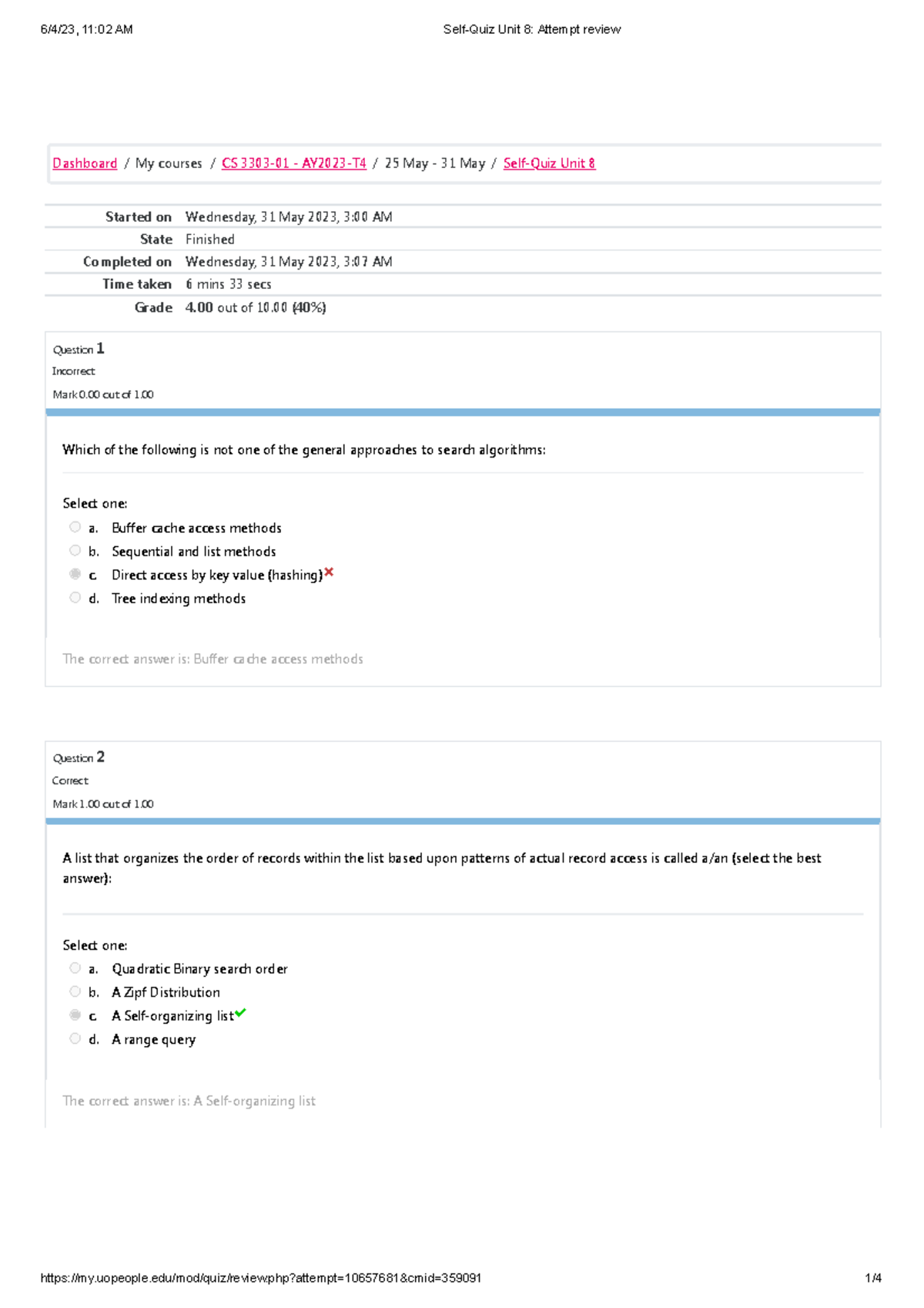 Self-Quiz Unit 8 Attempt review - Started on Wednesday, 31 May 2023, 3: ...