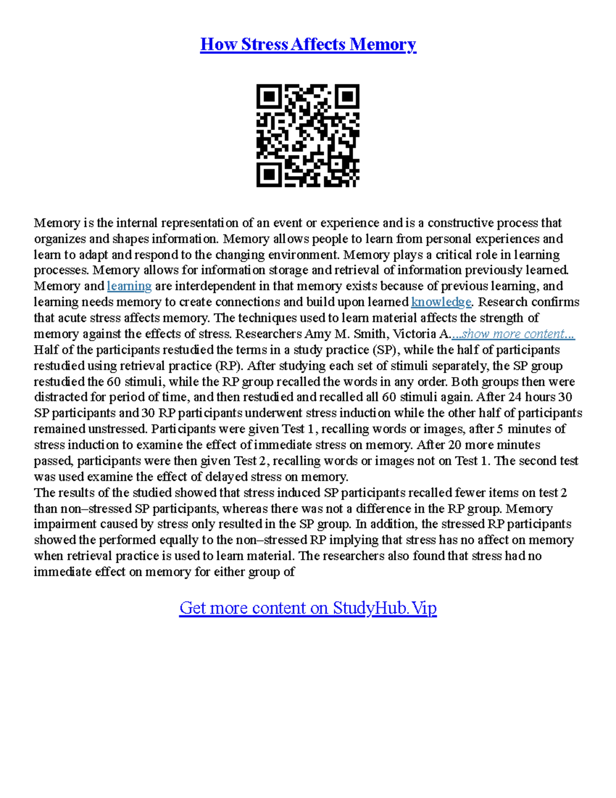 Essays On Memory - How Stress Affects Memory Memory is the internal ...