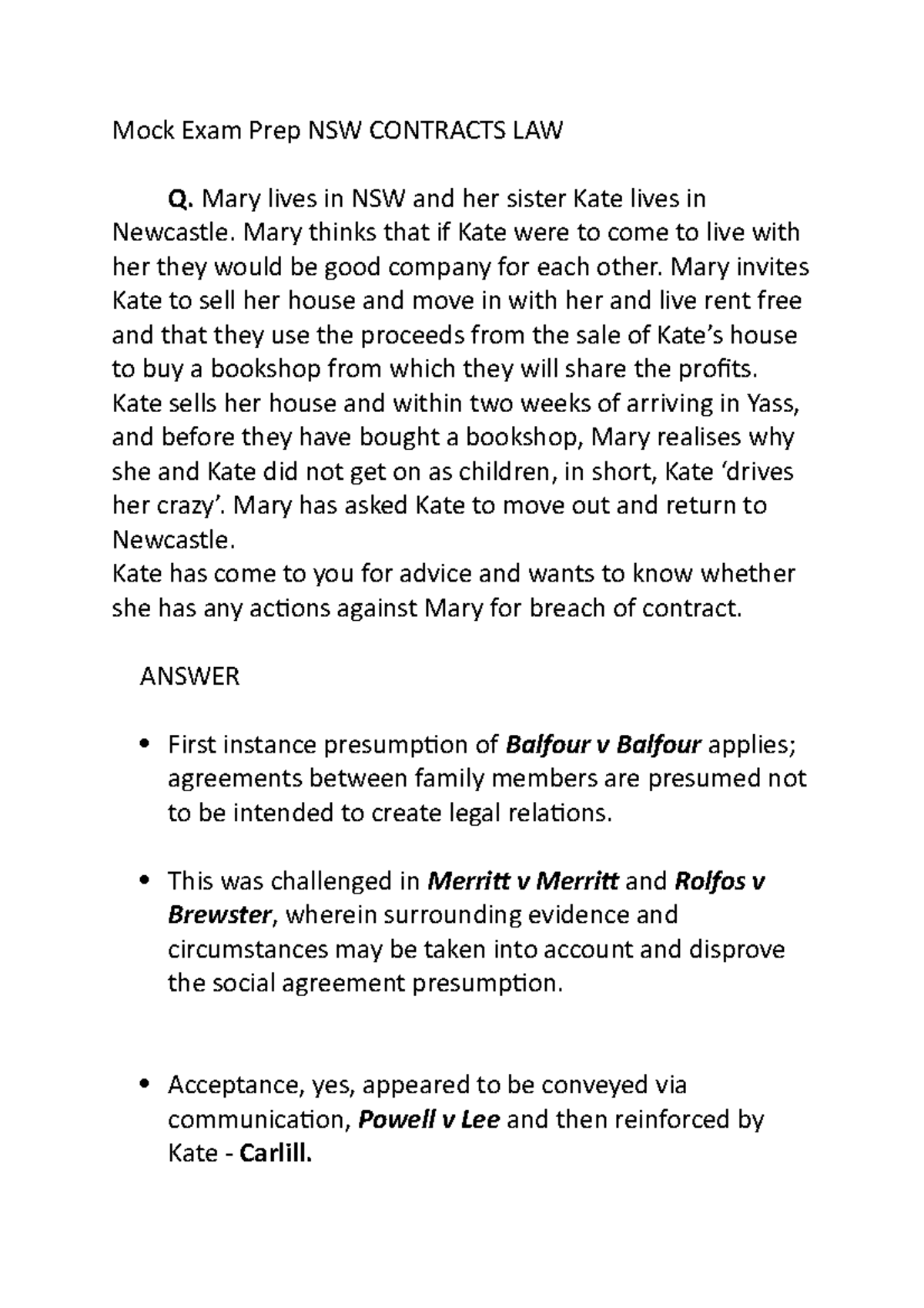 Mock Exam Prep - contract law mock exam prep questions NSW/Aus ...