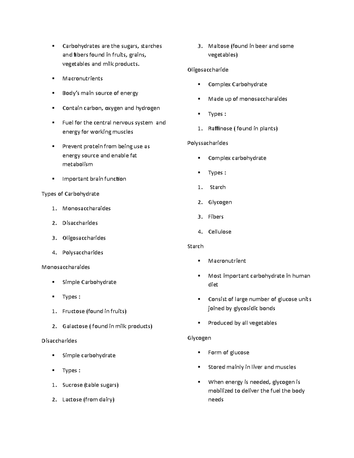 Carbohydrates notes - Carbohydrates are the sugars, starches and fibers ...