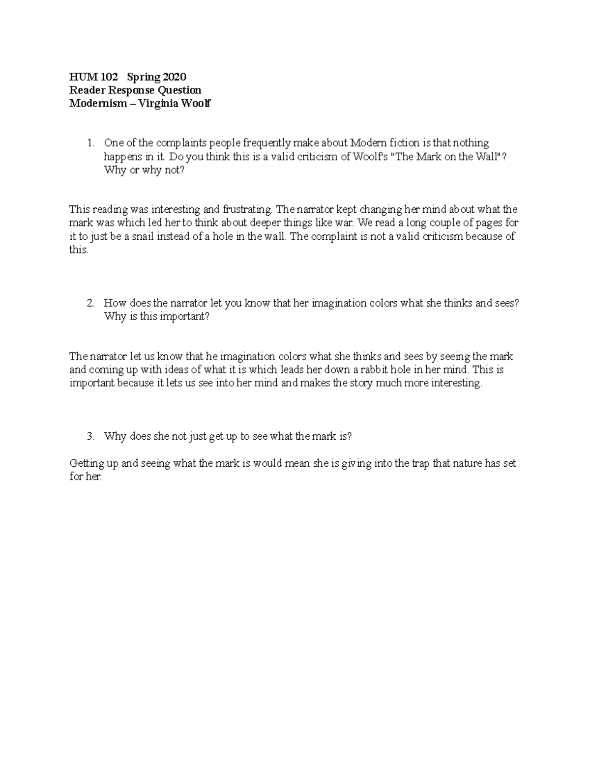 Response questions - Woolf - HUM 102 Spring 2020 Reader Response ...
