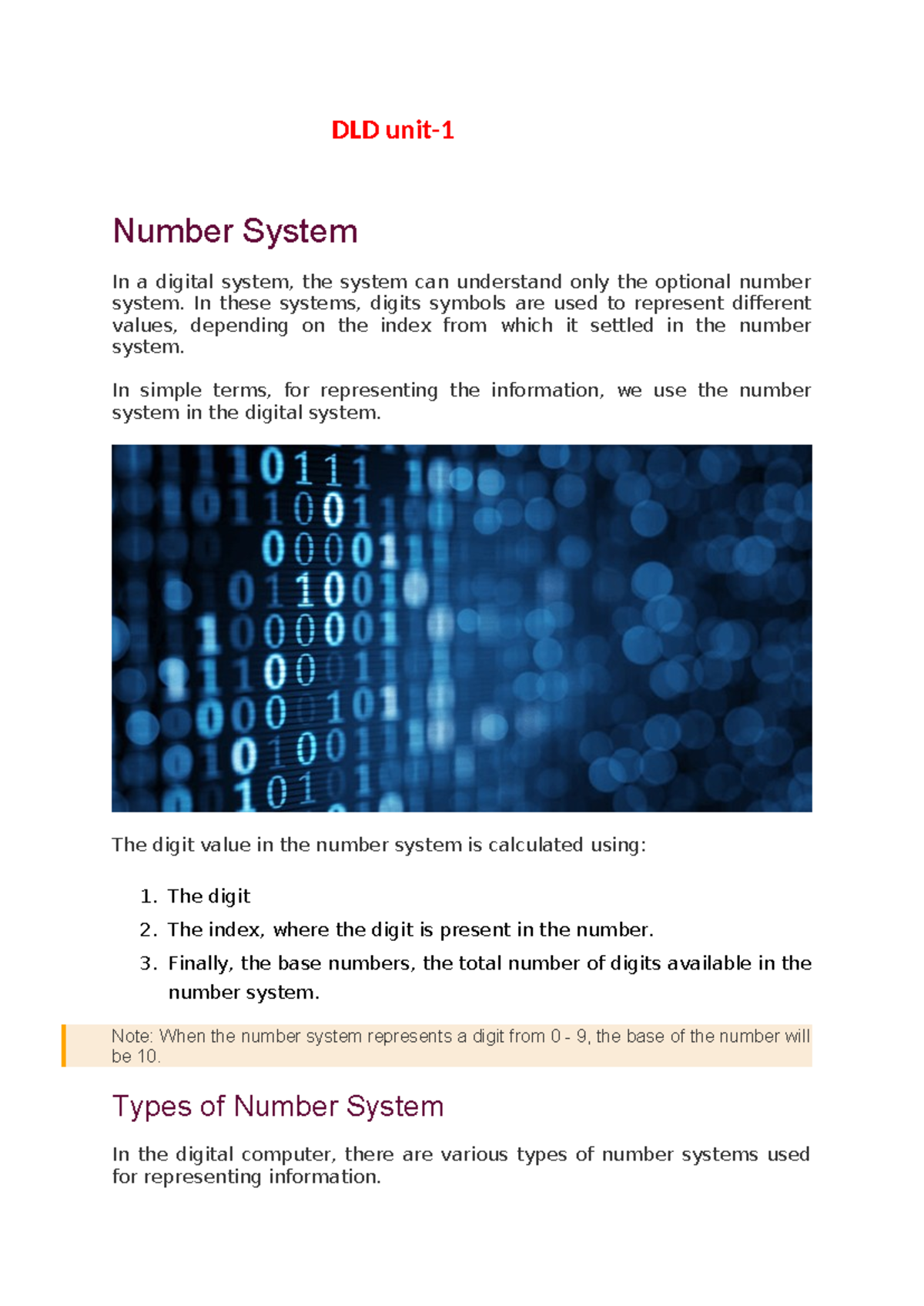 DLD unit - noltres - DLD unit- Number System In a digital system, the ...