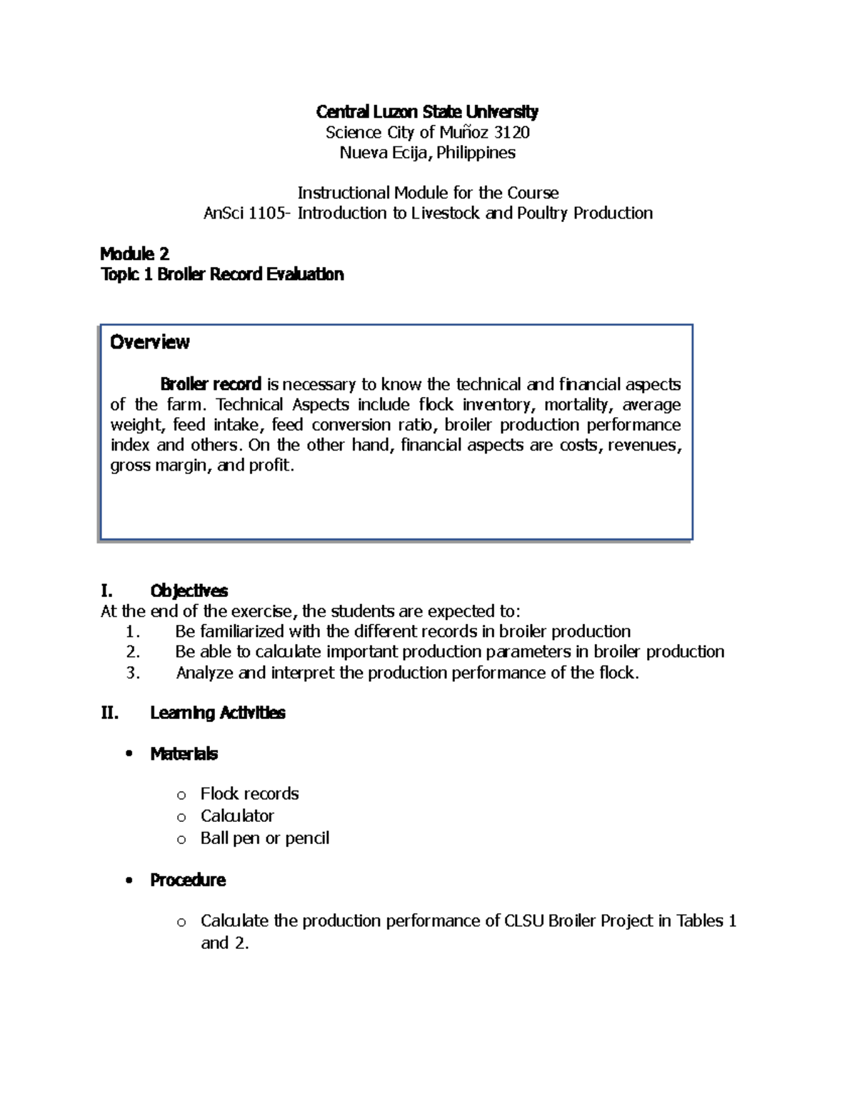 Module 2.Broiler Record evaluation - Central Luzon State University ...