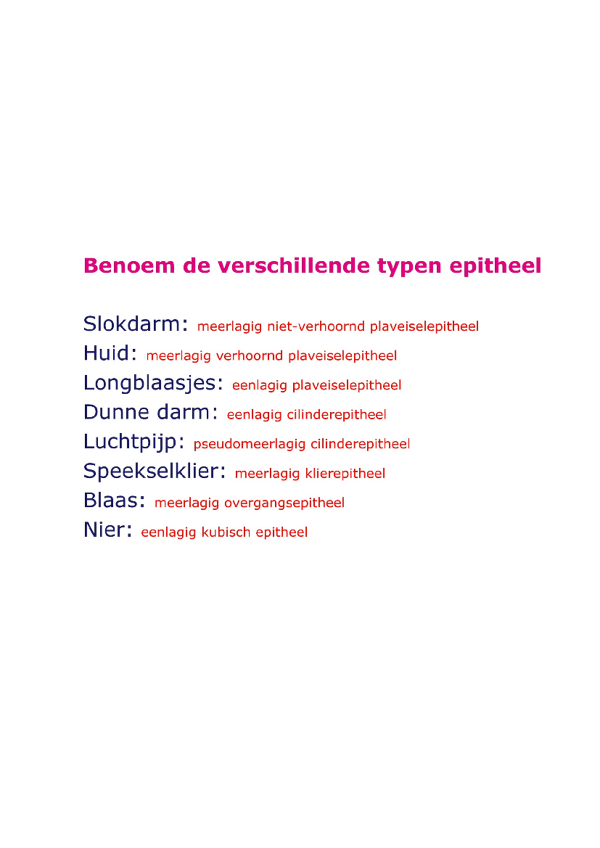 Organen en typen epitheel - Bloed, cellen en weefsels theorie - Studeersnel