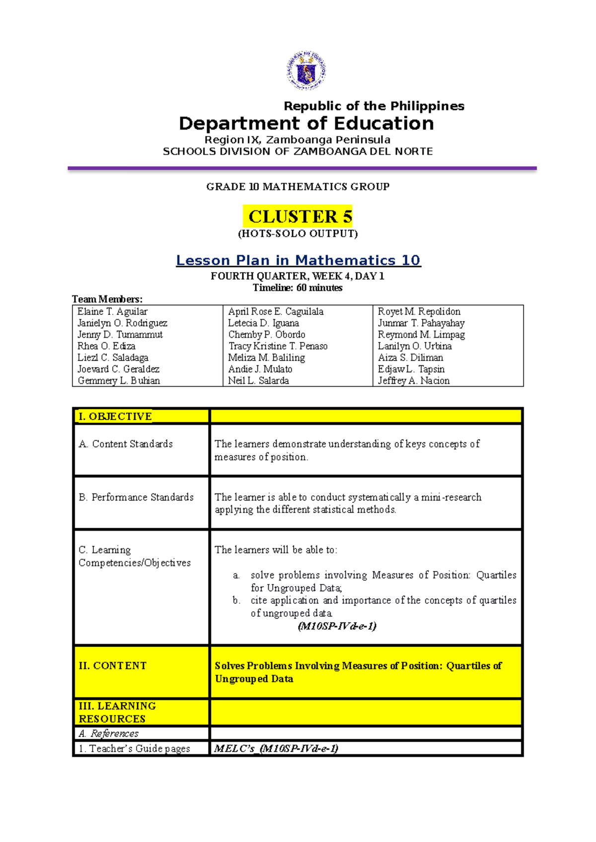 697572403 SOLO MATH Lesson PLAN G10 Ccluster 5 - Republic of the ...