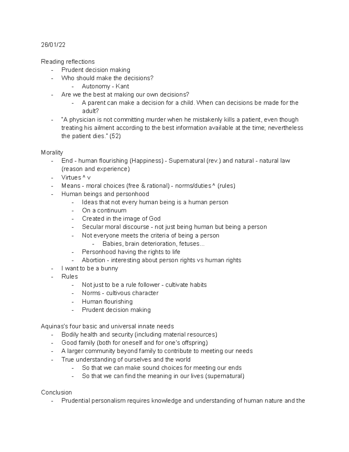 Intro to Catholic Biomedical Ethics Class Notes - 26/01/ Reading ...