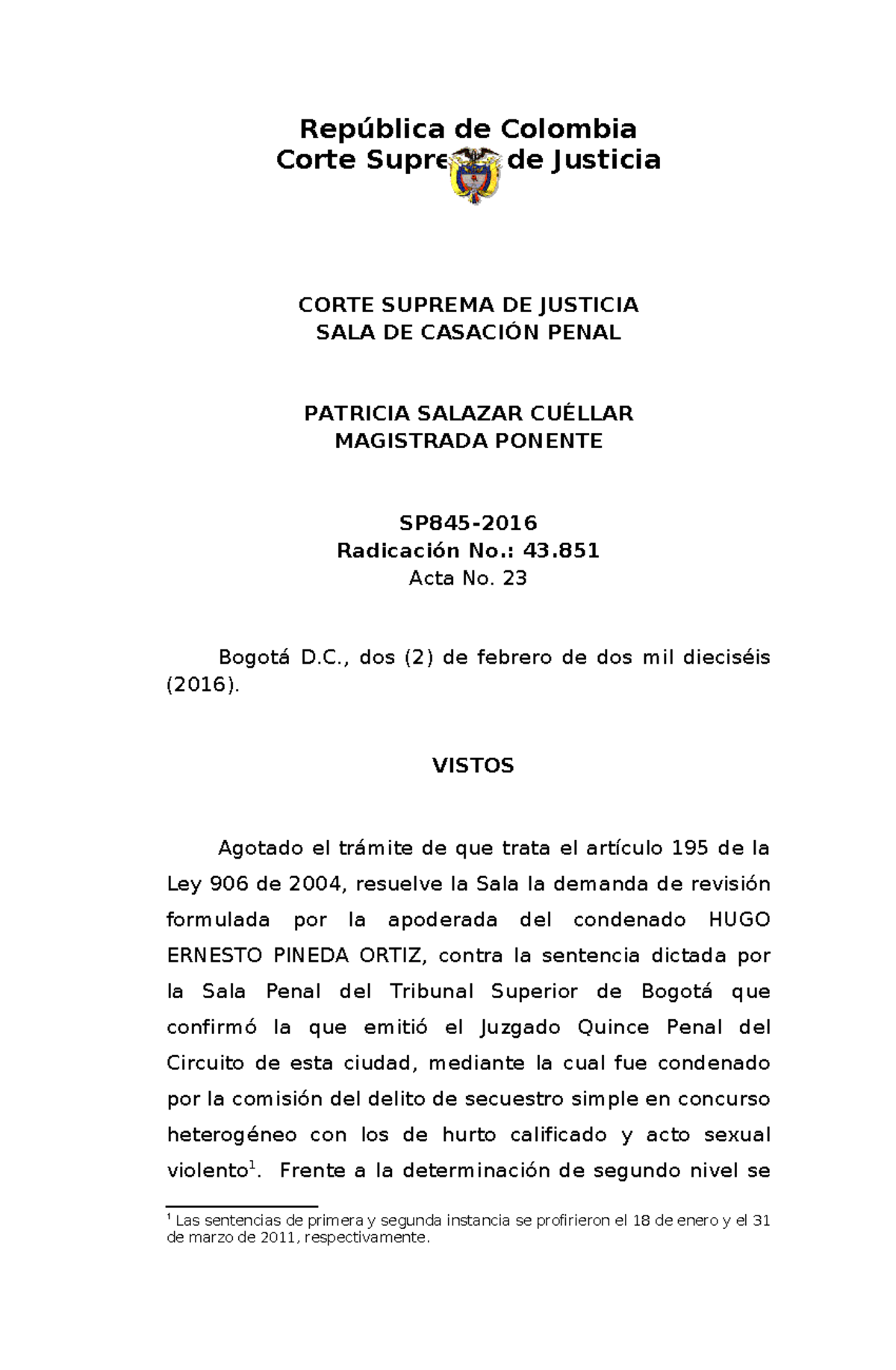 Secuestro simple atenuado - República de Colombia Corte Suprema de ...