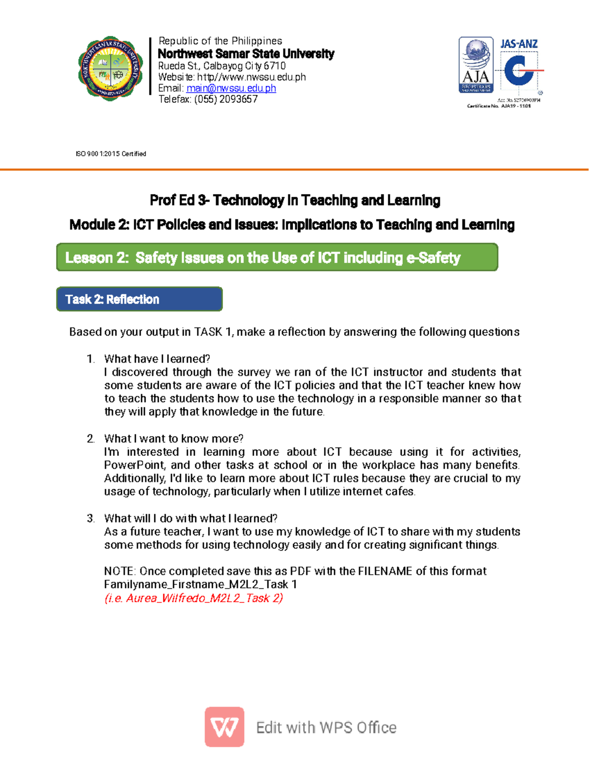Talon BSED MATH2B Module 2 Lesson 2 Task2 - ISO 9001:2015 Certified Republic of the Philippines ...