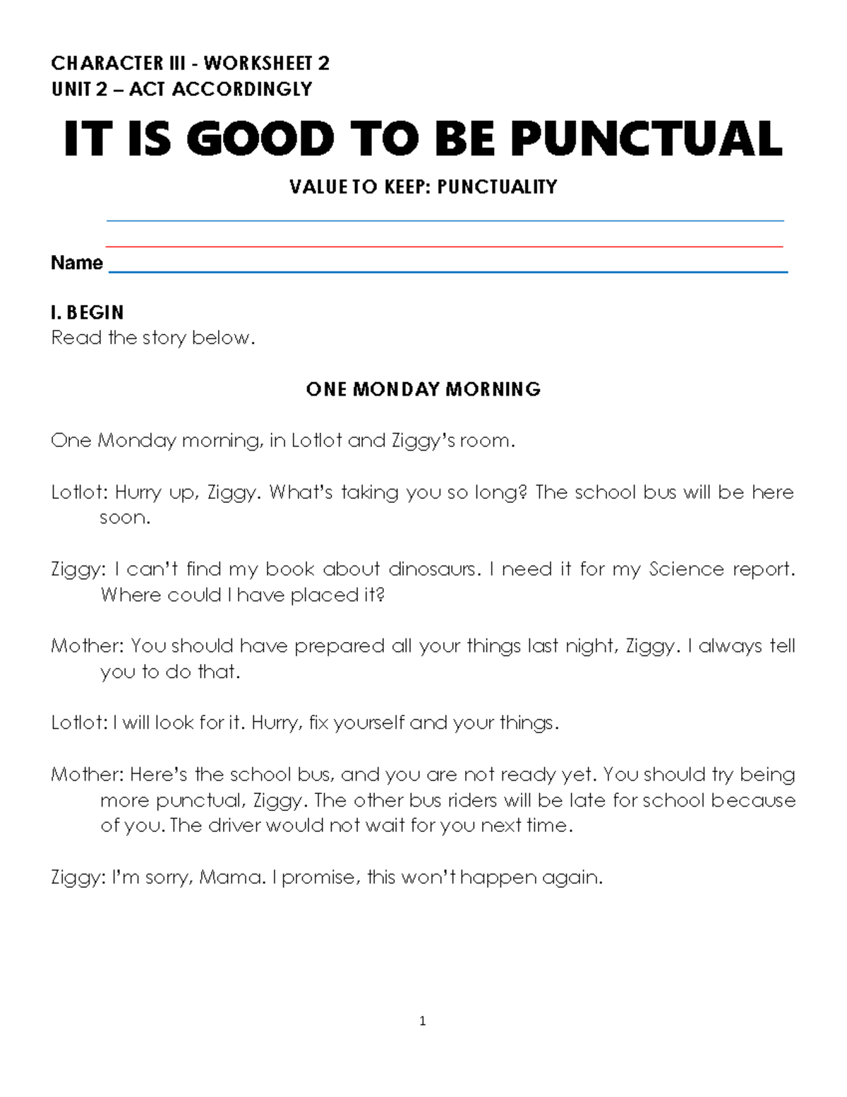 Worksheet Punctuality CHARACTER III WORKSHEET 2 UNIT 2 ACT