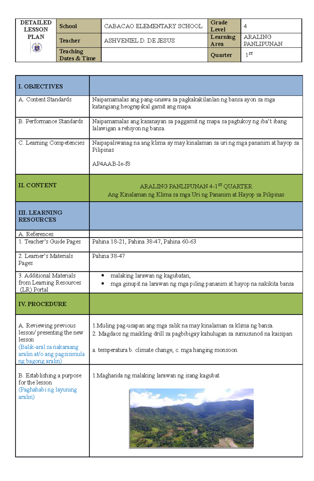 DLP-AP4 - PLEASE READ - DETAILED LESSON PLAN School CABACAO ELEMENTARY ...