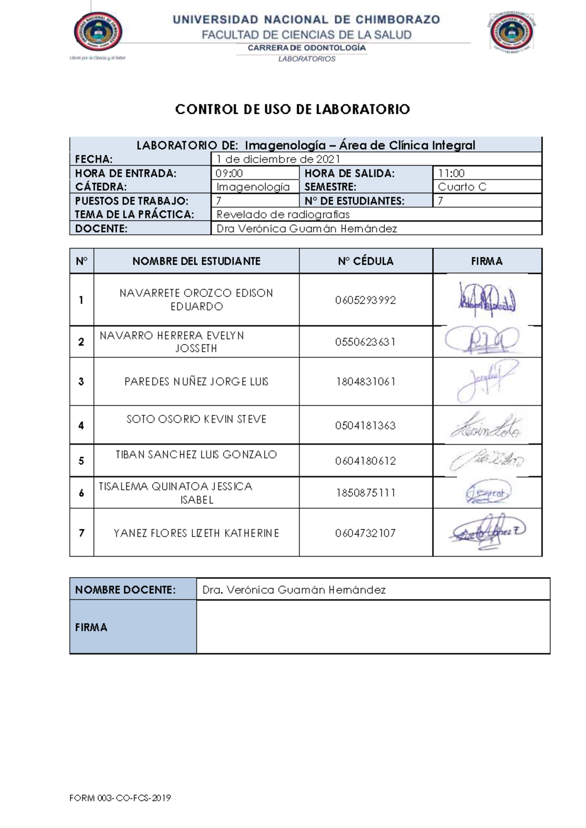 Formato 003-CO-FCS-2019- Control DE USO DE Laboratorio Estudiantes ...