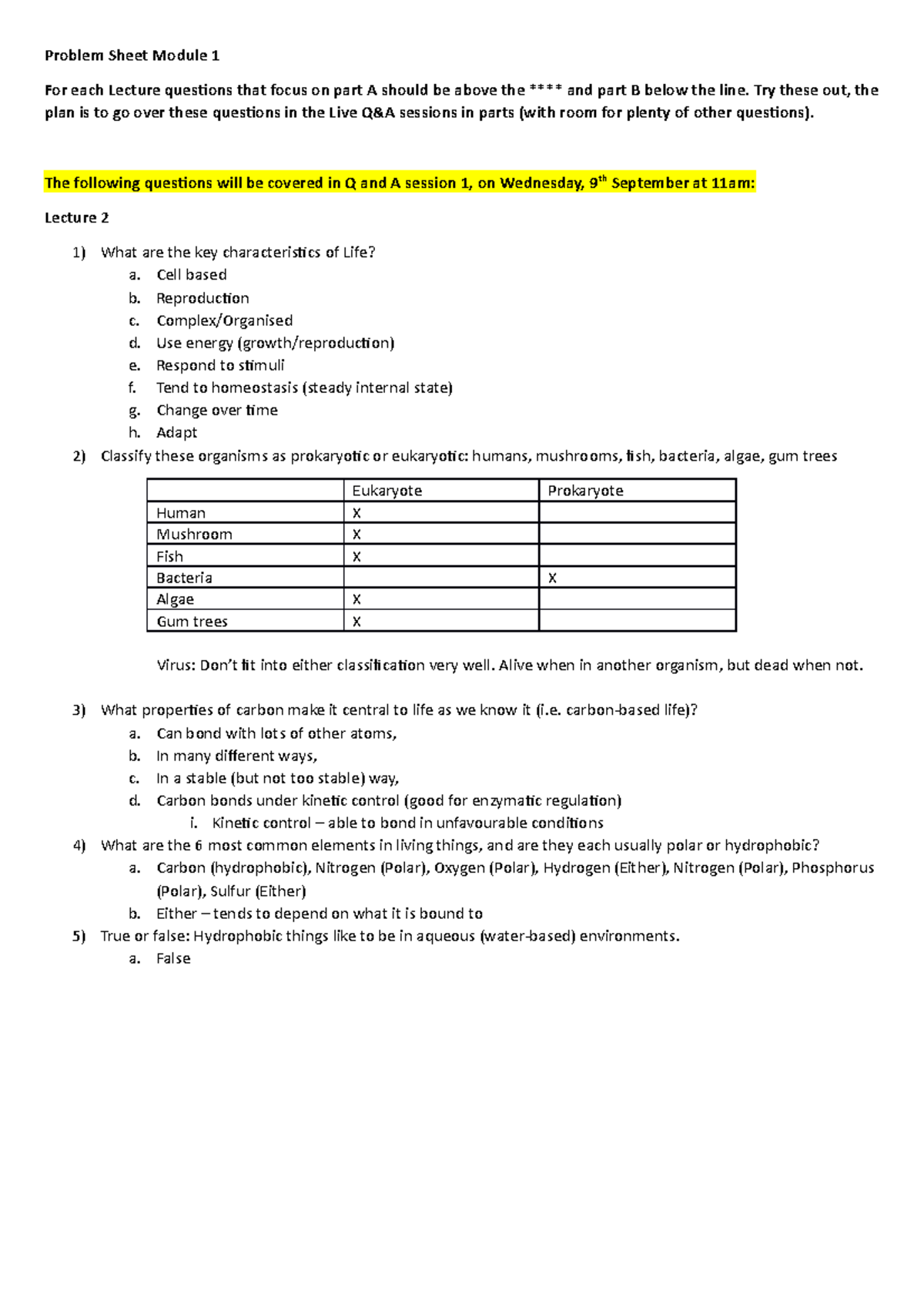 Problem Sheet BIOL1XX7 Module 1 TL - Problem Sheet Module 1 For each ...