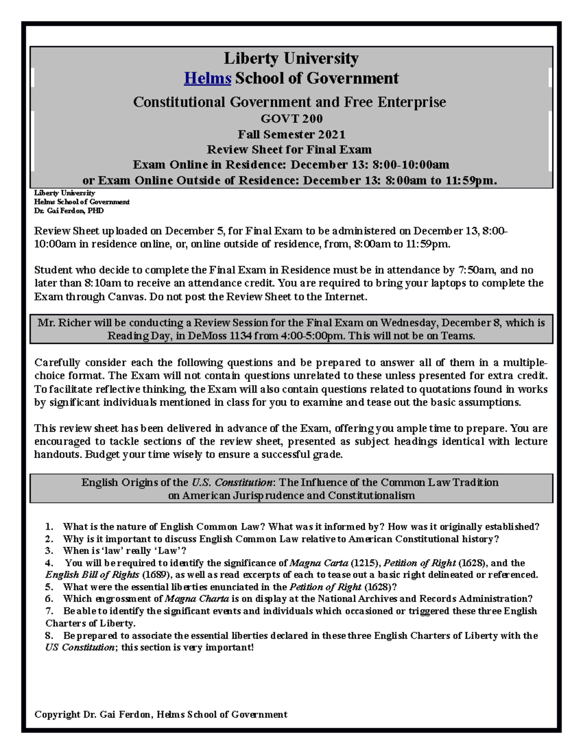 Review Sheet for Final Exam Fall 2021 - Liberty University Helms School ...