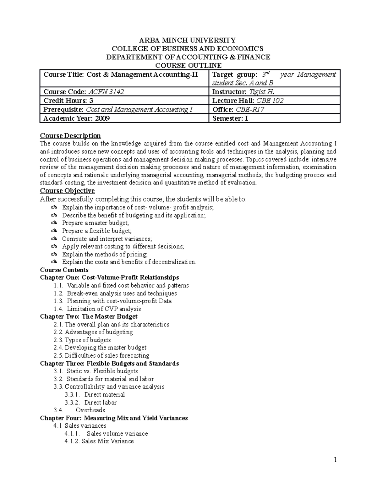 Cost II- Course Outline - ARBA MINCH UNIVERSITY COLLEGE OF BUSINESS AND ...