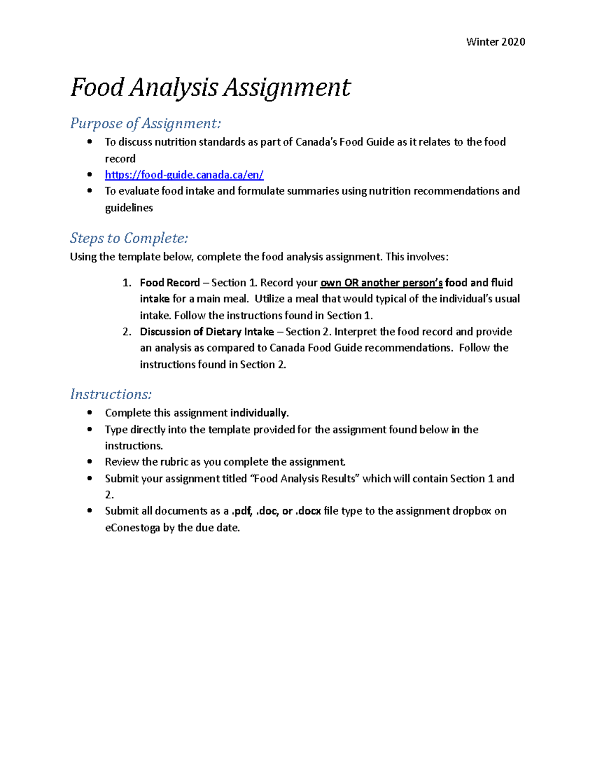 Food Analysis Assignment - Food Analysis Assignment Purpose of ...