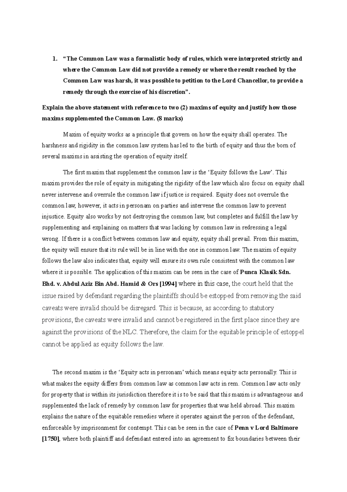 Maxim equity - tutorial - 1. “The Common Law was a formalistic body of ...