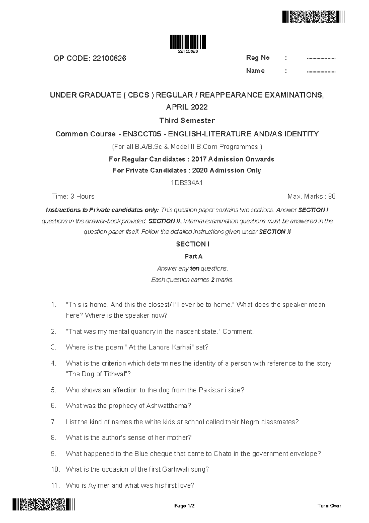 Ba-bsc-bcom-3-sem-english-literature-andas-identity-22100626-apr-2022 - QP CODE: 22100626 Reg No ...