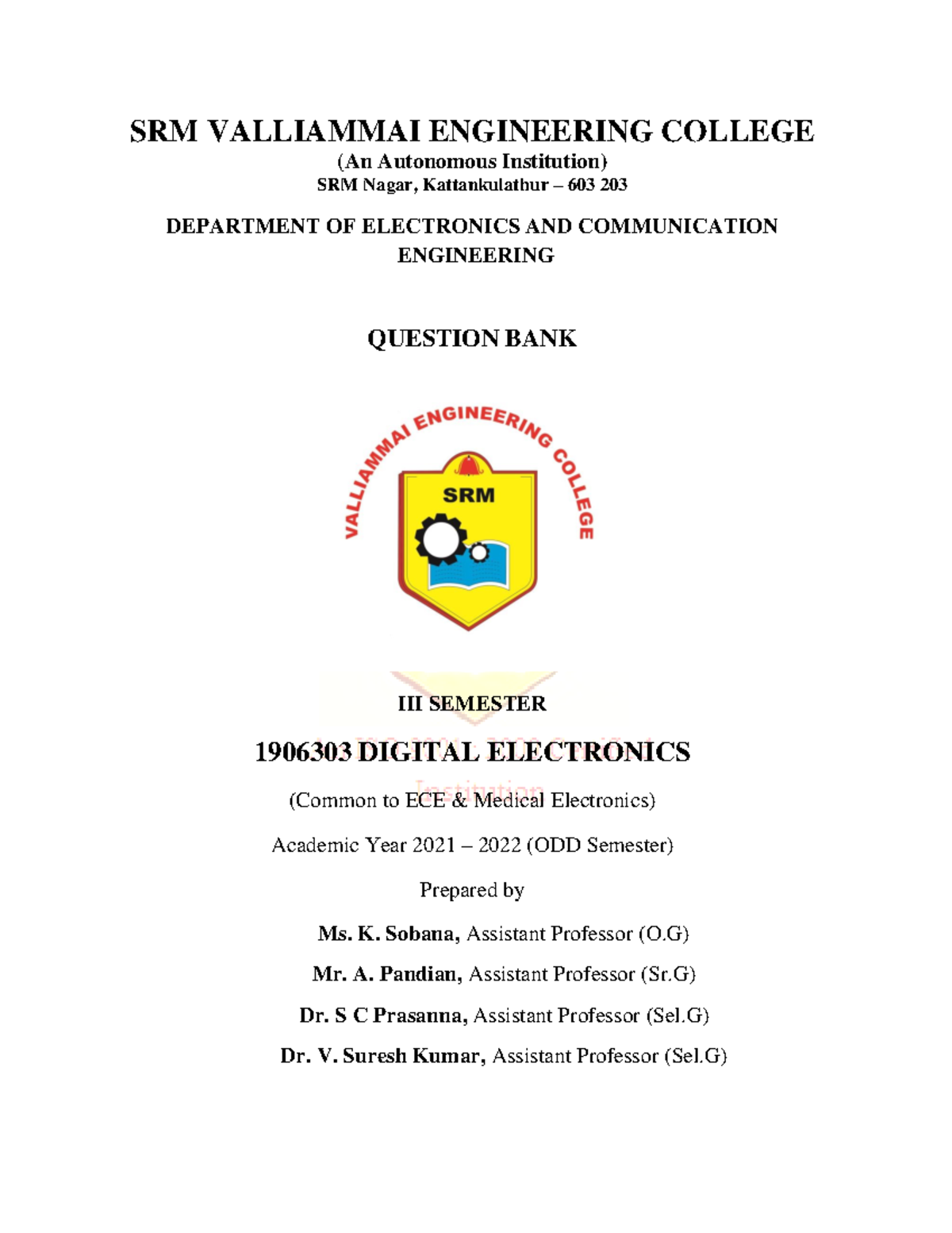 1906303-Digital Electronics - SRM VALLIAMMAI ENGINEERING COLLEGE (An ...