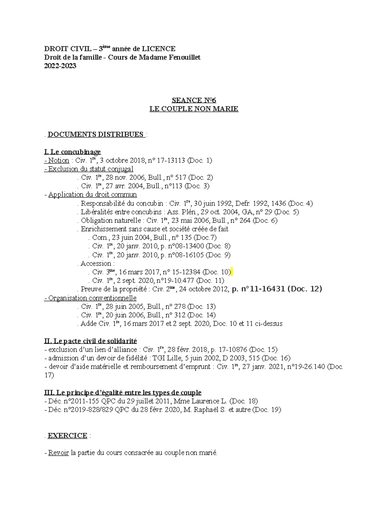 Fiche n° 6 - Couple non marié - DROIT CIVIL – 3ème année de LICENCE Droit de la famille - Cours ...