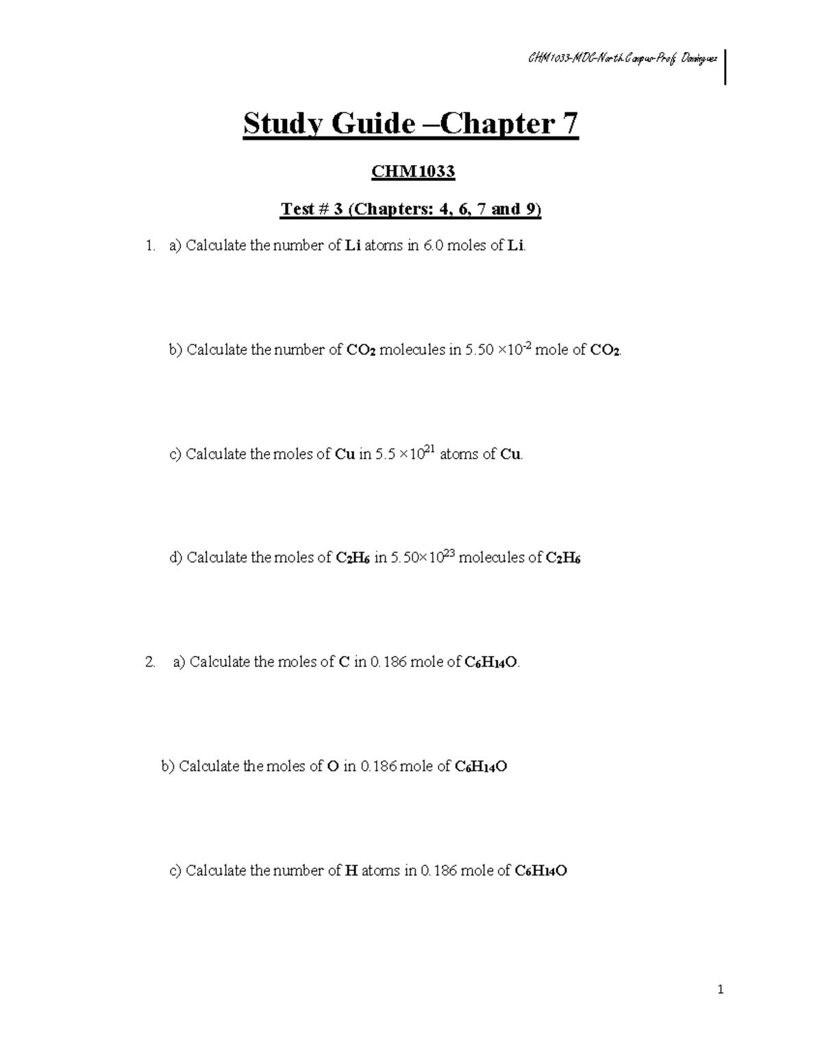 ch.7 study guide key - Study Guide – Chapter 7 CHM Test # 3 (Chapters ...