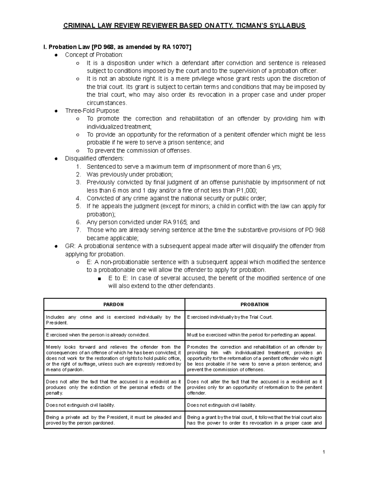 Criminal Law Review - Midterm - I. Probation Law [PD 968, as amended by ...