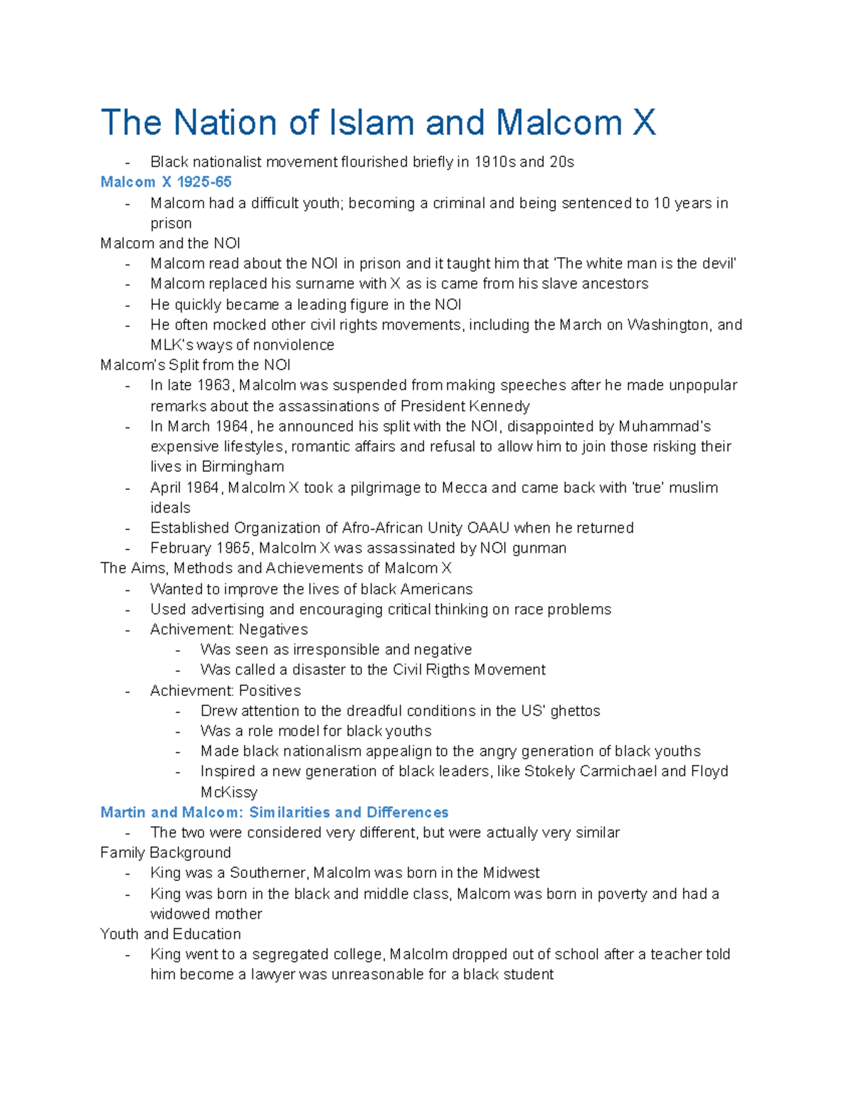 Civil Rights Reading Notes 4 - The Nation of Islam and Malcom X Black ...