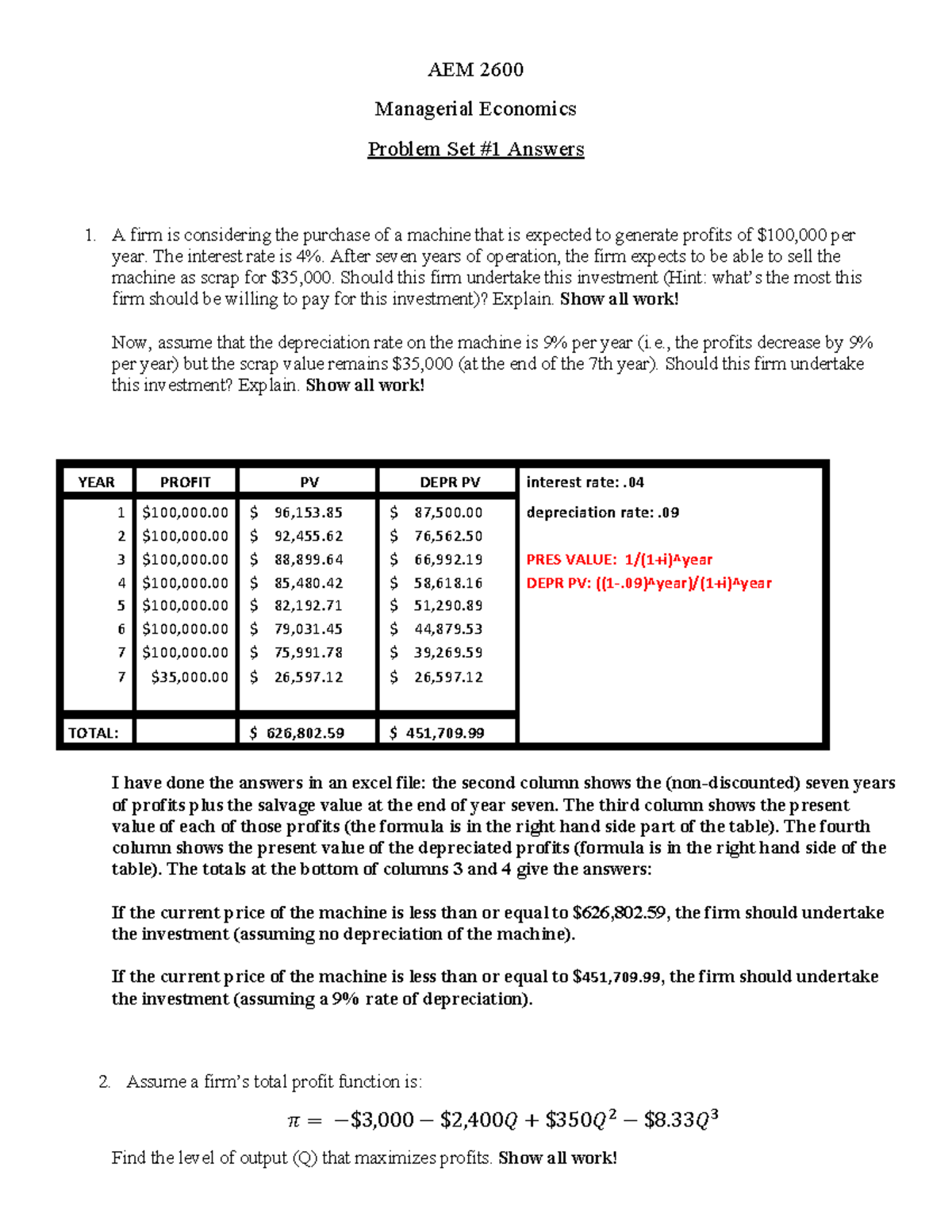 Problem Set 1 fall 2023 solutions - AEM 2600 Managerial Economics ...