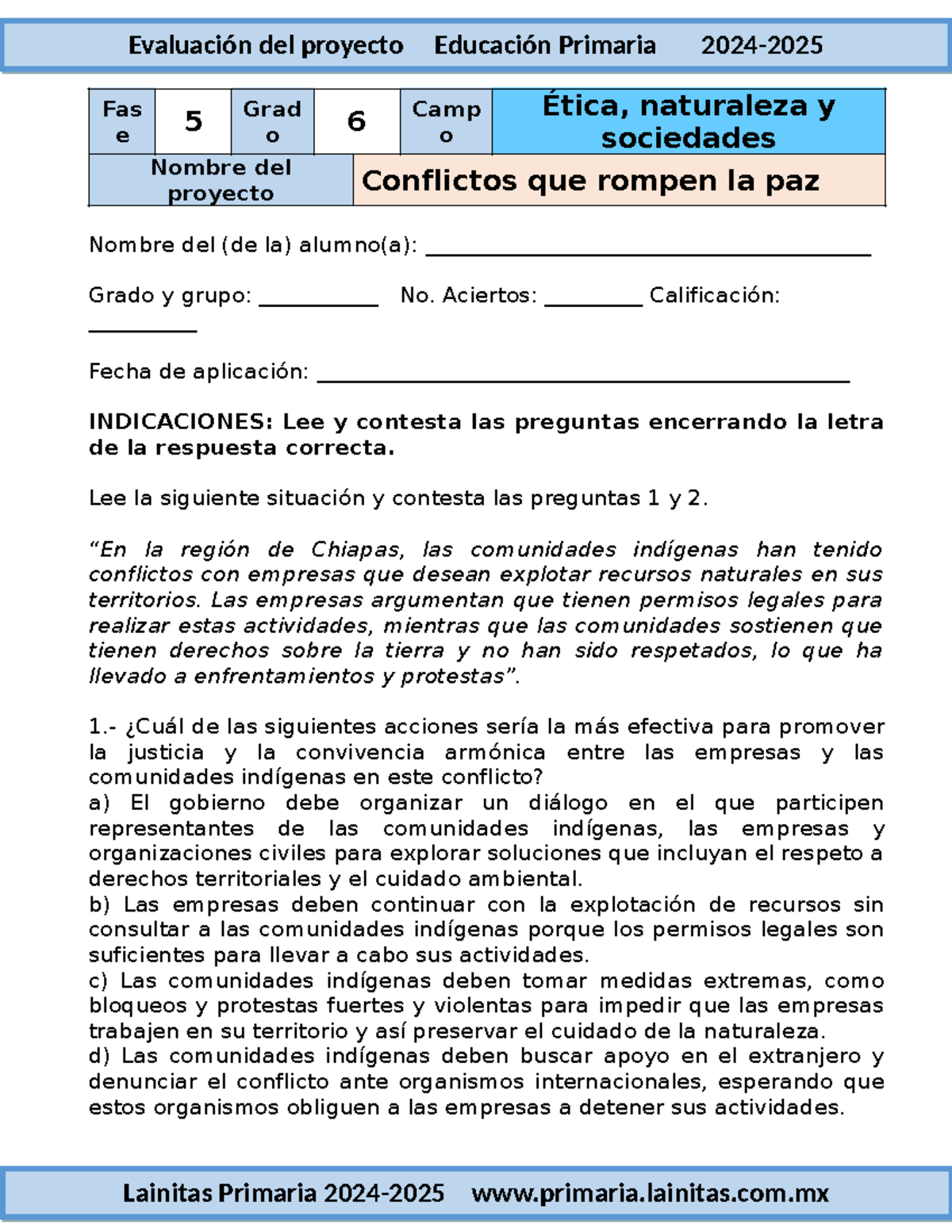 6to Grado Septiembre - Examen 06 Conflictos que rompen la paz (2024 ...