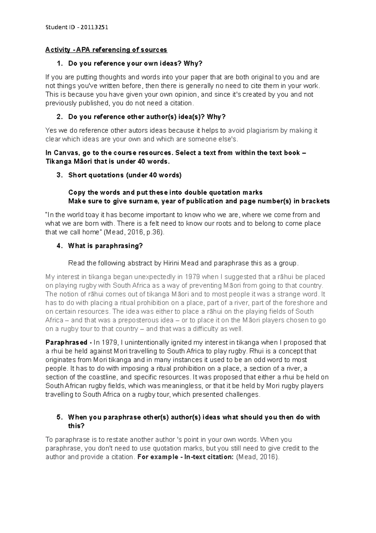 Activity APA referencing - Student ID - 20113251 Activity - APA ...