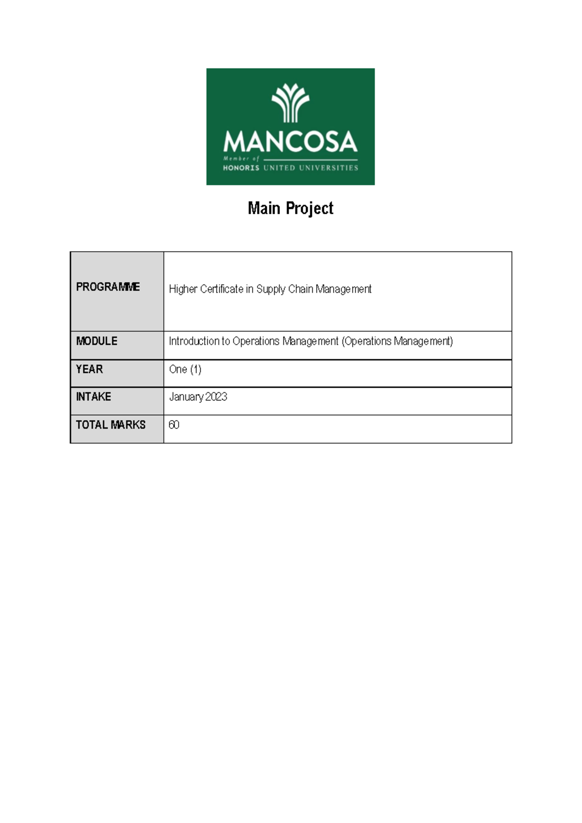 MAIN Project Introduction TO Operations Management JAN2023 - Main ...