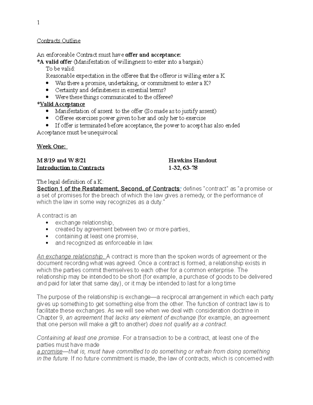Contracts Outline - Blum and Bushaw text - Contracts Outline An ...
