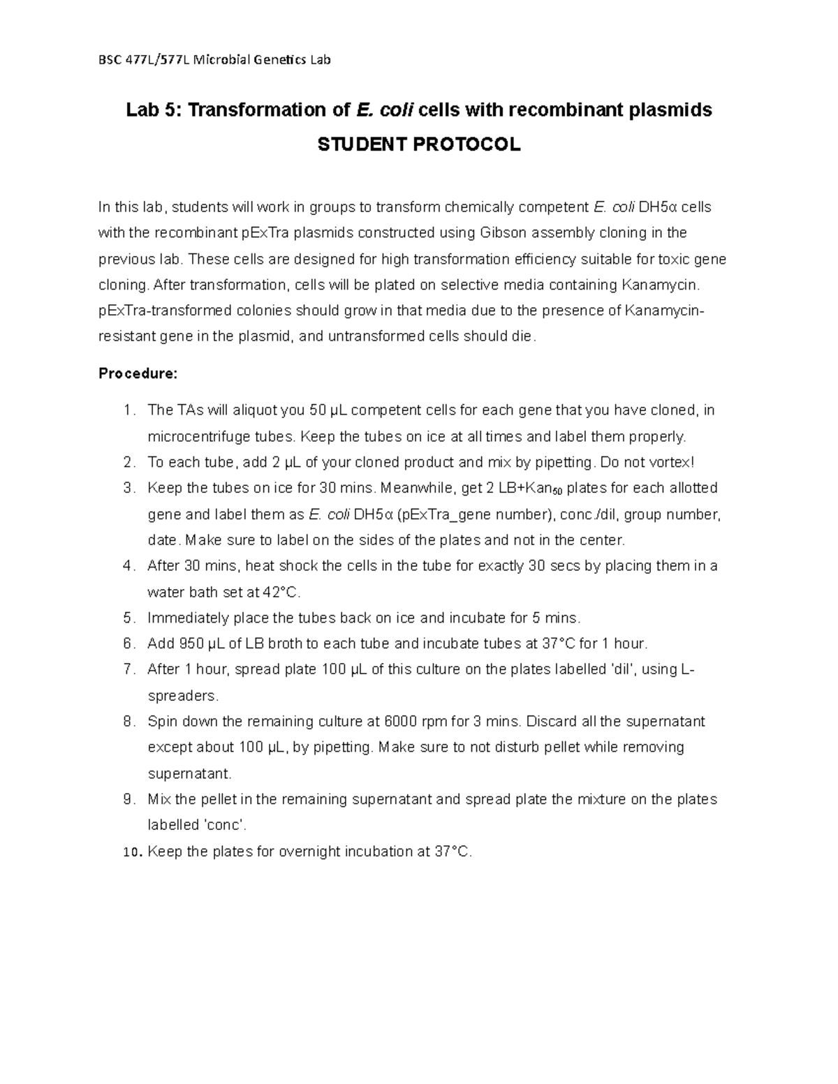 Lab 5 student protocol - BSC 577L - USM - Studocu