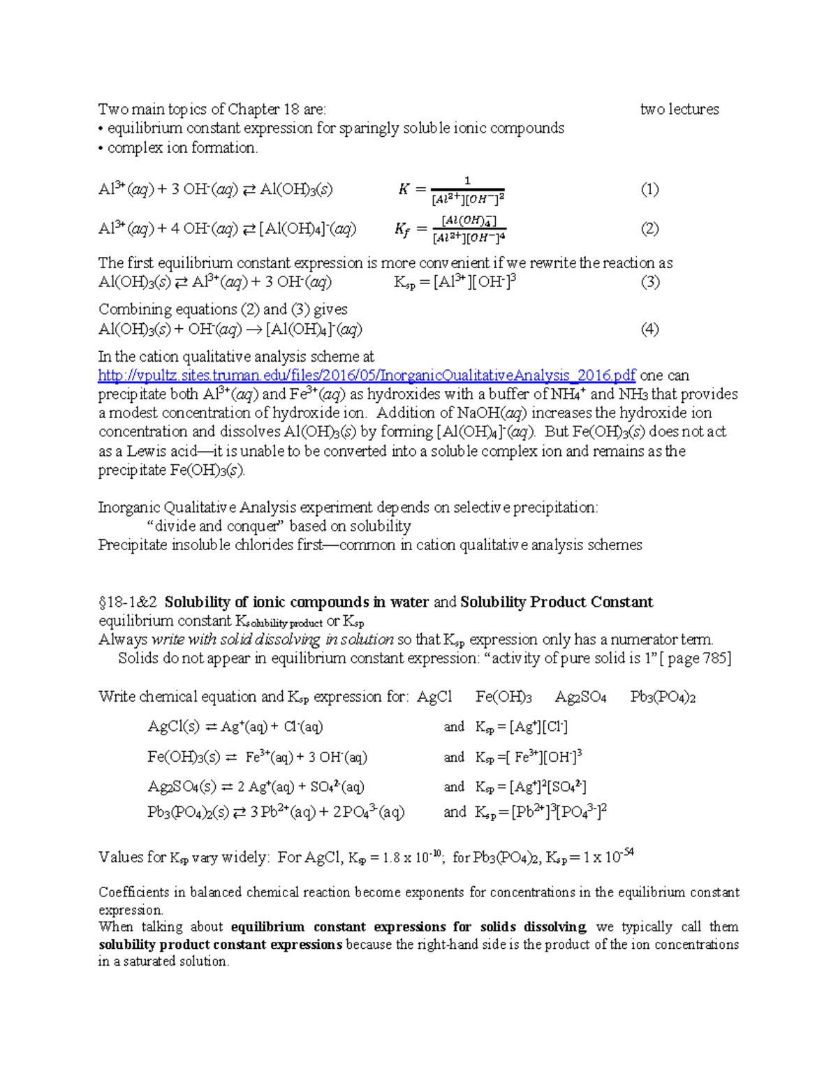 CHEM131 Chapter 18 solubility of complex ions - Two main topics of Chapter 18 are: two lectures ...