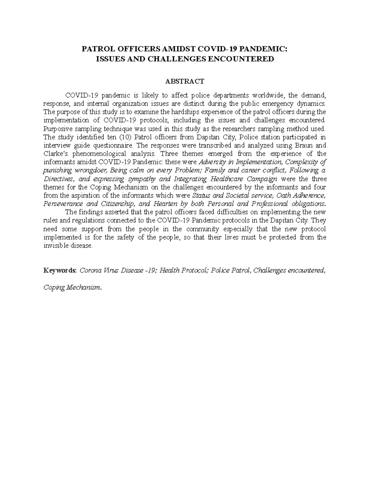 Patrol Officers Amidst Covid- Abstract - PATROL OFFICERS AMIDST COVID ...