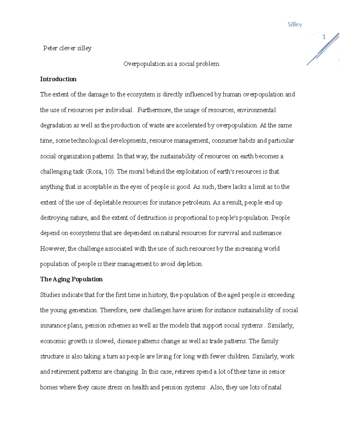 Overpopulation rough draft - 1 Peter clever silley Overpopulation as a ...
