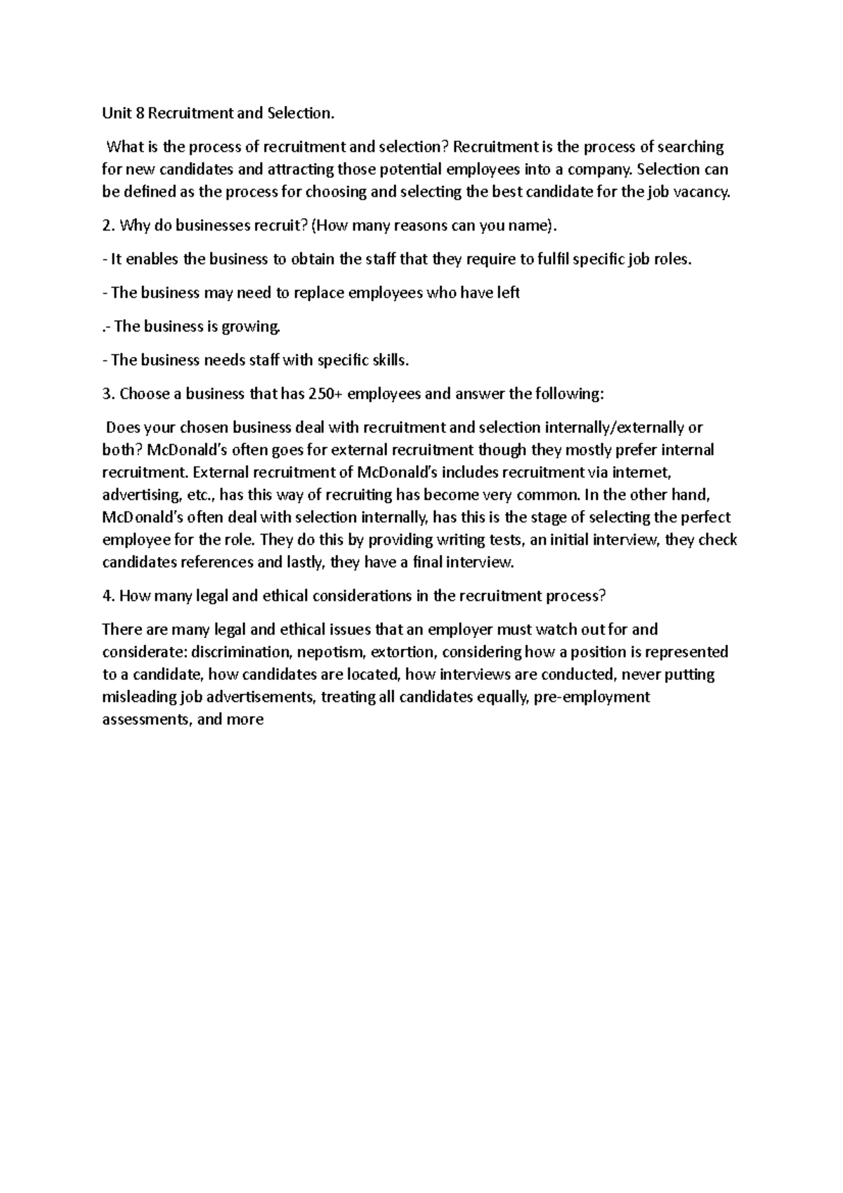 Unit 8 Recruitment and Selection - What is the process of recruitment ...