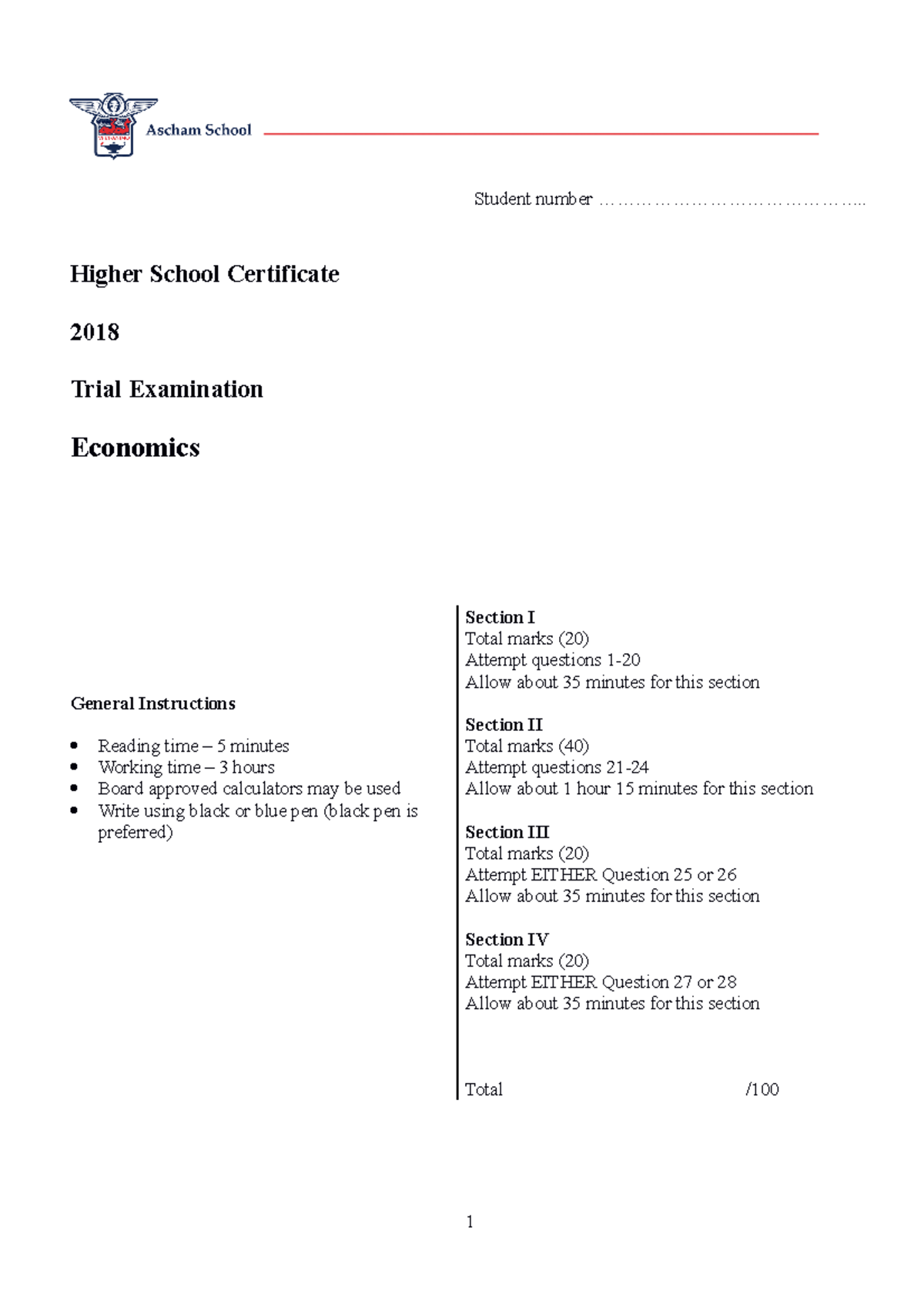 Ascham 2018 HSC - economics - Student number