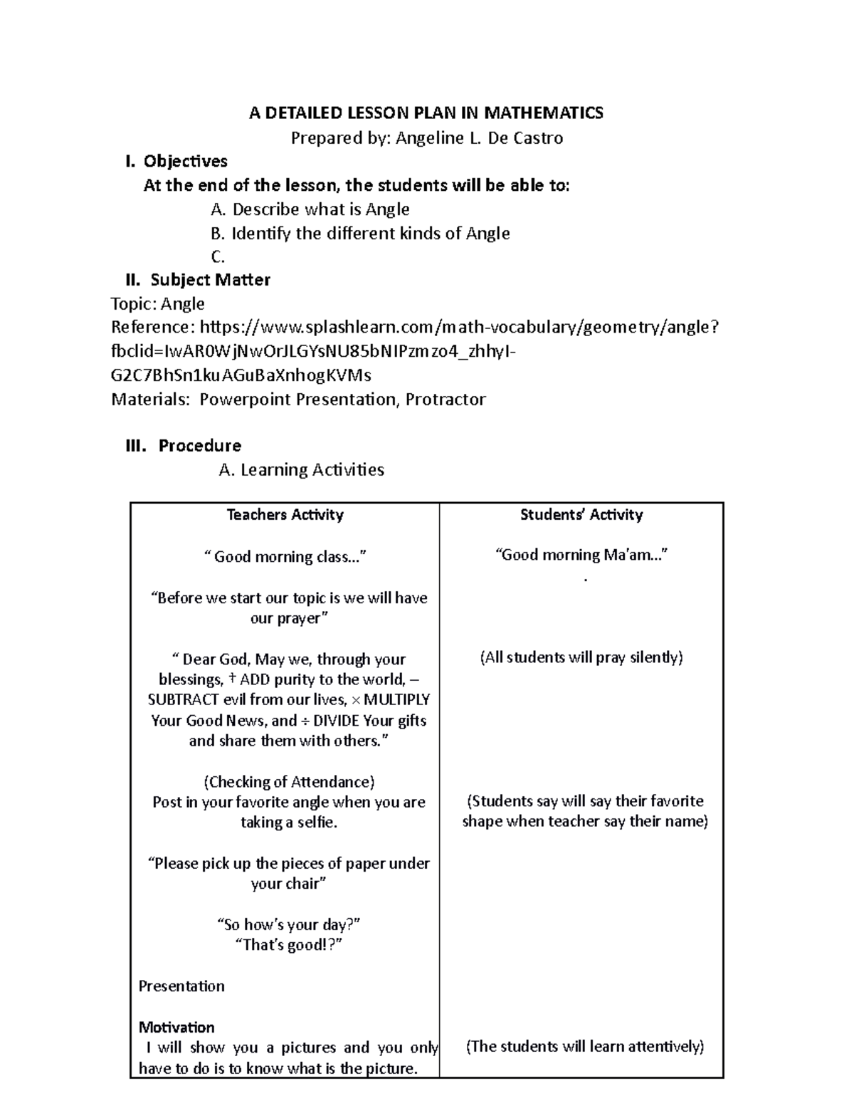 Angle- detailed lesson plan - A DETAILED LESSON PLAN IN MATHEMATICS ...