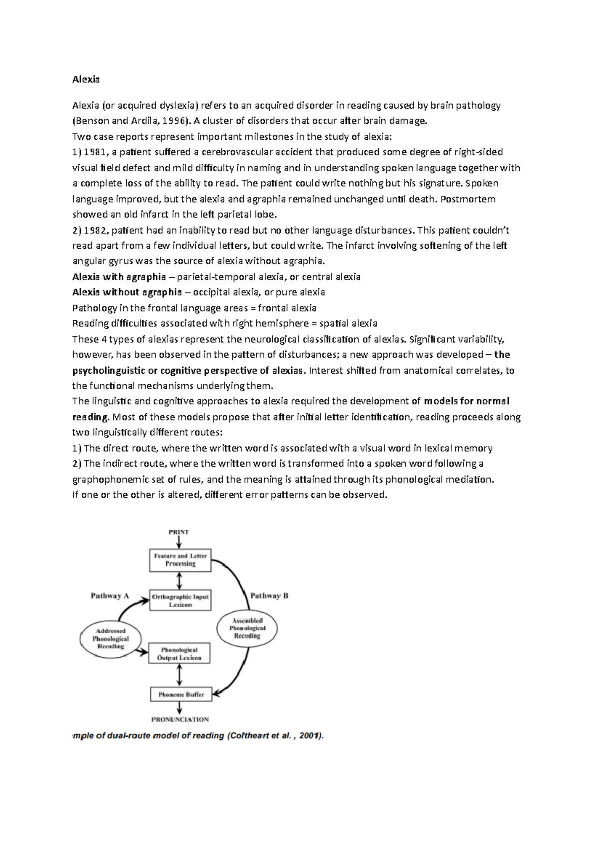 Week 7 - Alexia - Alexia Alexia (or acquired dyslexia) refers to an ...