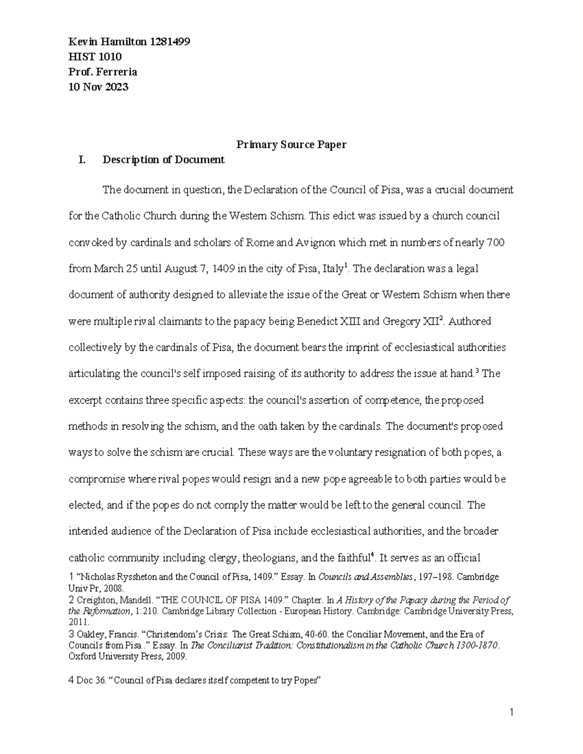HIST 1010 Primary Source Paper - HIST 1010 Prof. Ferreria 10 Nov 2023 ...