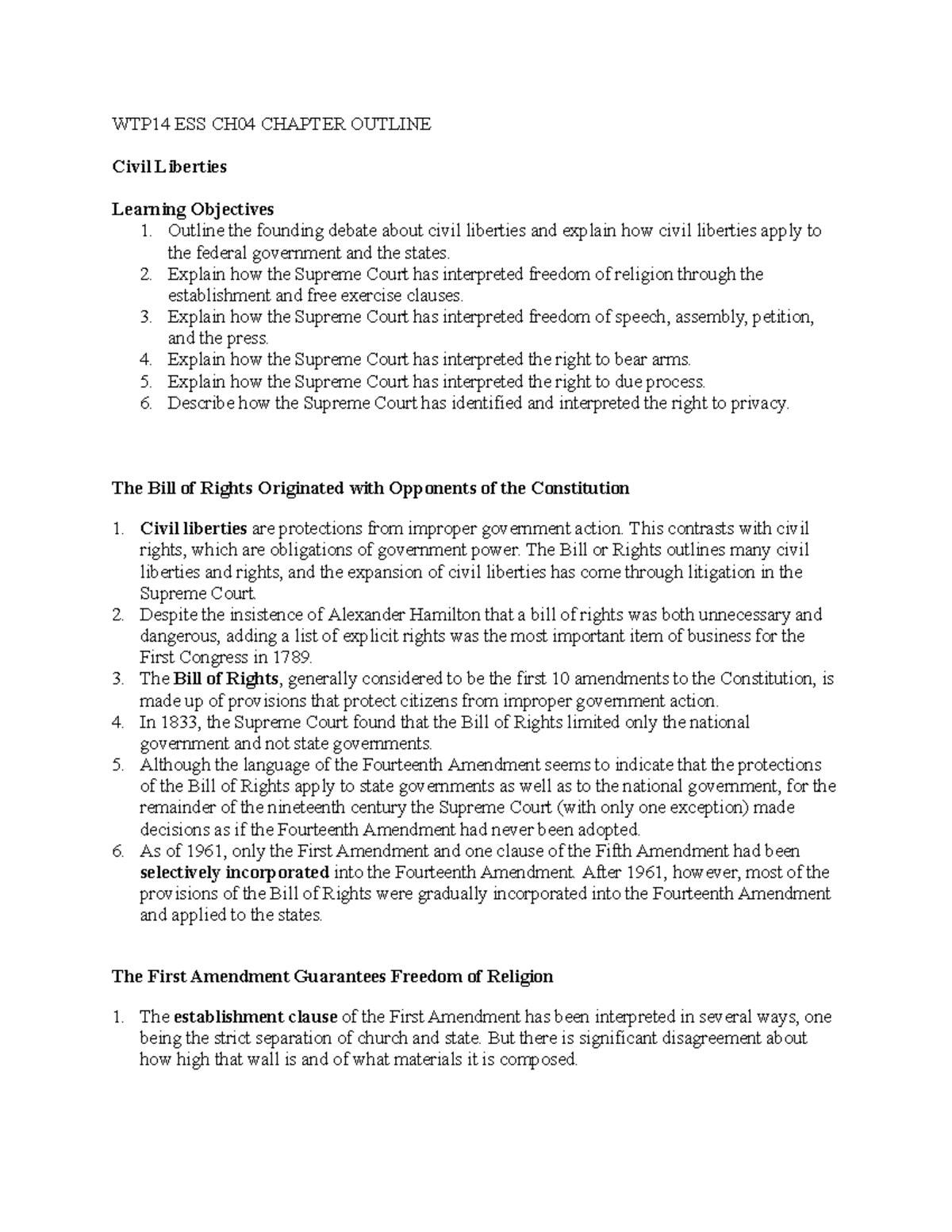 WTP14 ESS CO CH04 - Bla Bla - WTP14 ESS CH04 CHAPTER OUTLINE Civil Liberties Learning Objectives ...