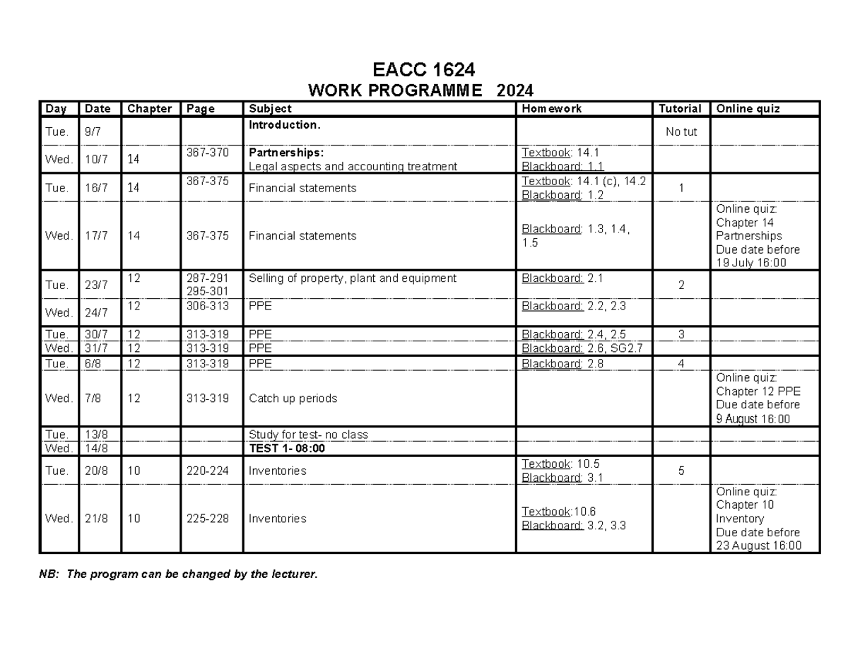 Work program EACC1624 2024 - EACC 1624 WORK PROGRAMME 2024 Day Date ...