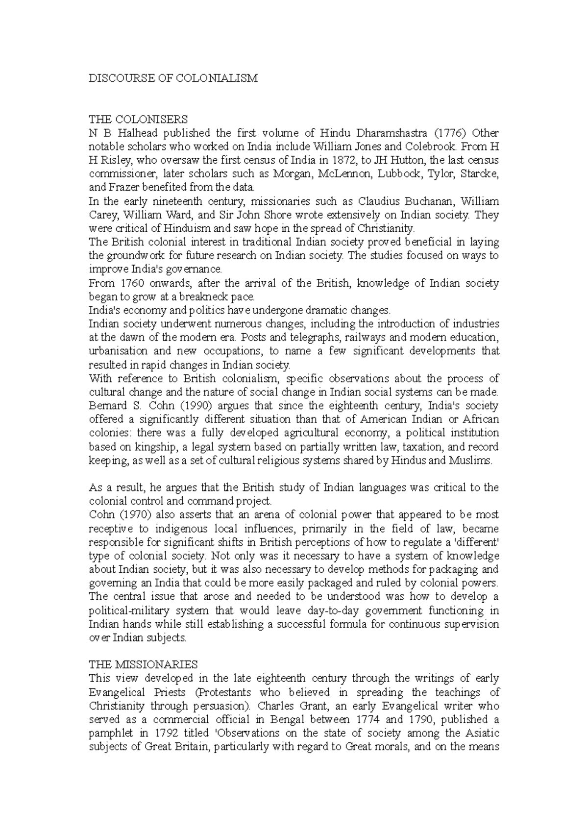 Discourse OF Colonialism - DISCOURSE OF COLONIALISM THE COLONISERS N B ...