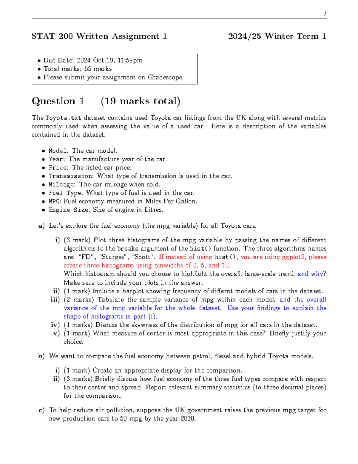 Stat200 2024w1 assignment 1 rev3 - STAT 200 Written Assignment 1 2024/25 Winter Term 1 Due Date ...