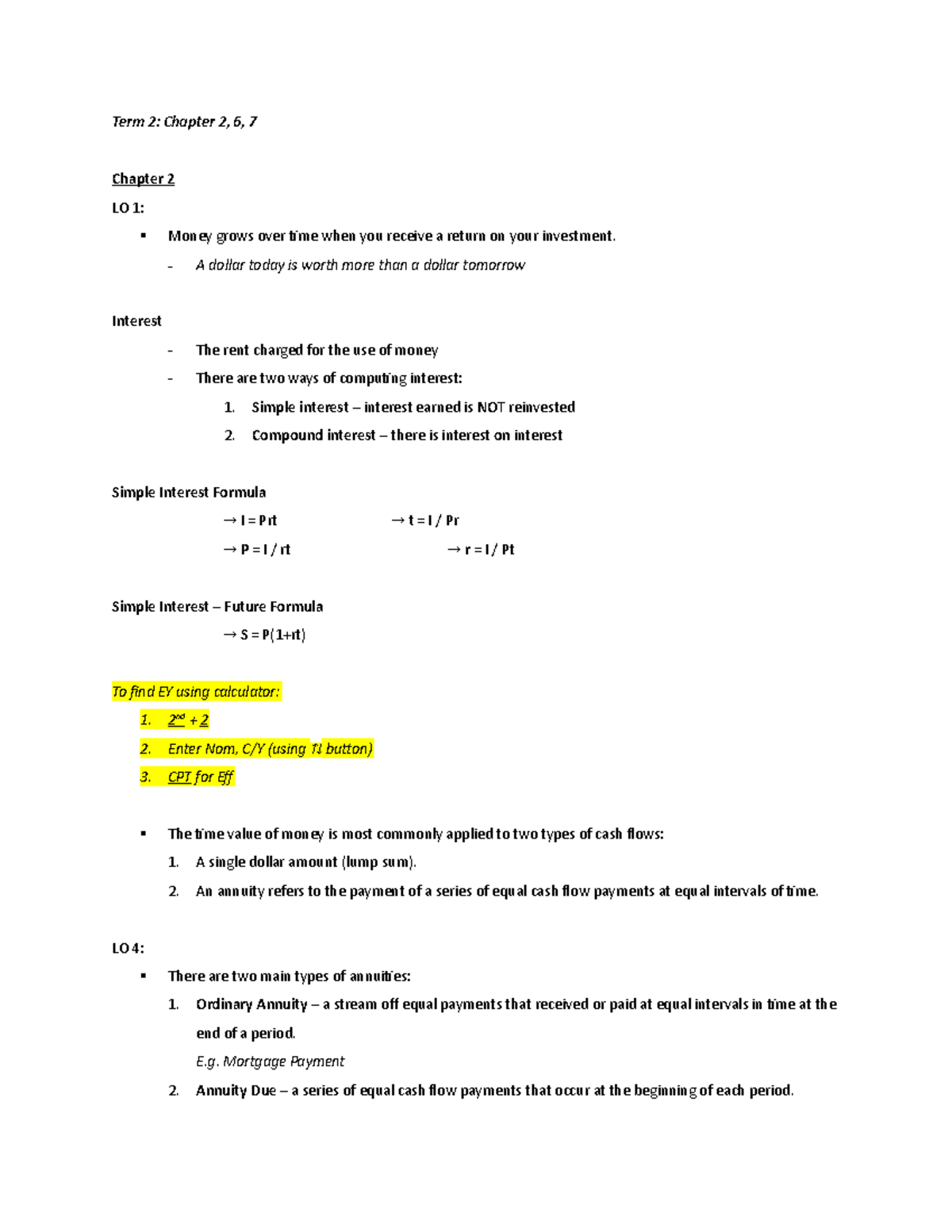 Intro to Finance Term 2 Notes - Term 2: Chapter 2, 6, 7 Chapter 2 LO 1 ...
