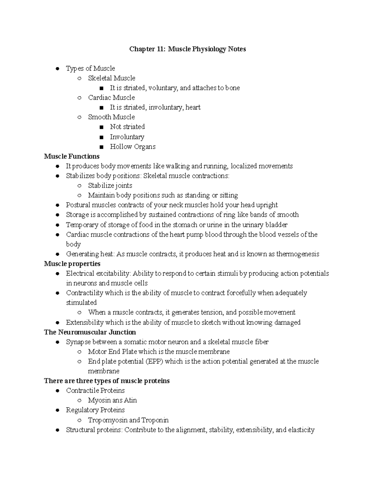 Chapter 11 Muscle Physiology Notes - Chapter 11: Muscle Physiology ...