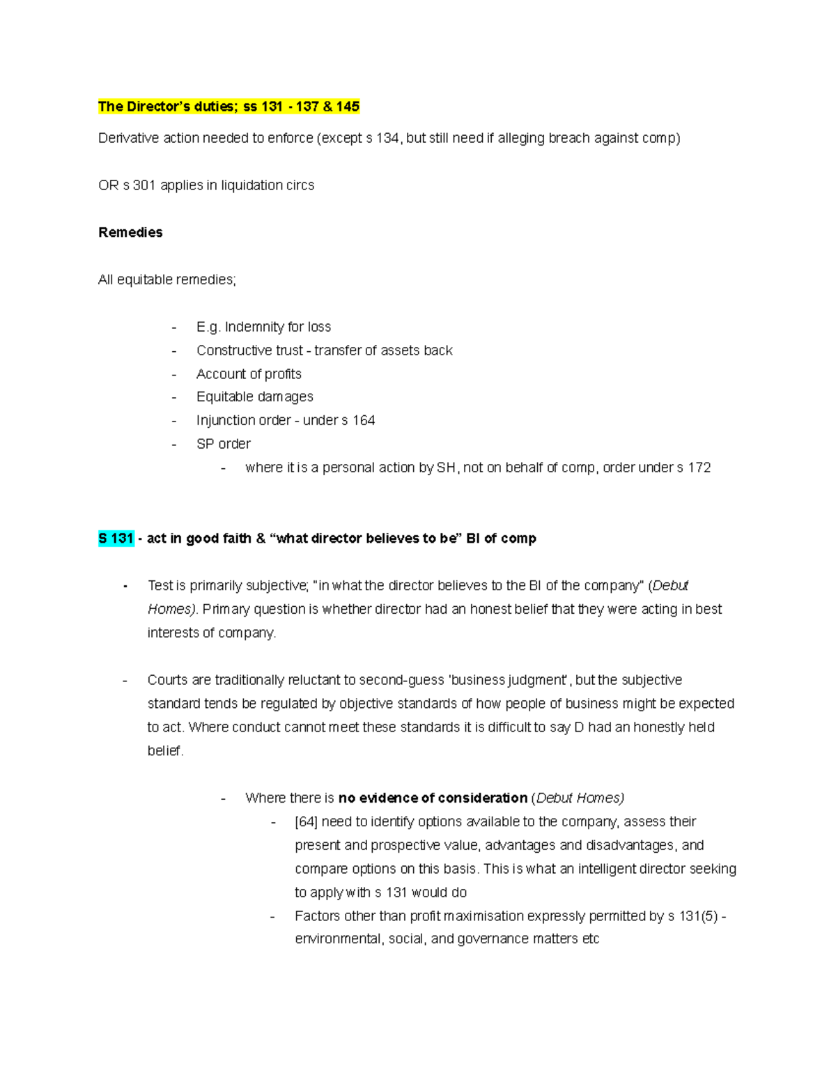 Directors Duties Notes - The Director’s duties; ss 131 - 137 & 145 ...