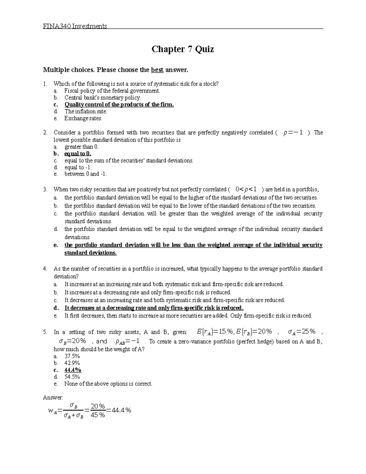 FINA340 Chapter 7 Quiz Answer - FINA340 Investments Chapter 7 Quiz ...
