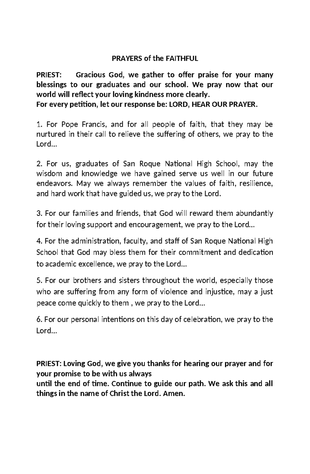 Prayers of the Faithful-grad 2024 - PRAYERS of the FAITHFUL PRIEST ...